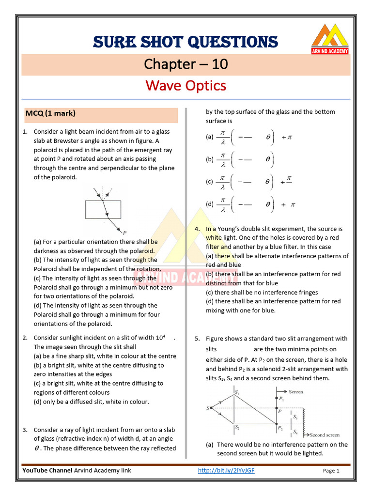 Question Chap 10-Wave Optics question bank | PDF | Diffraction | Light