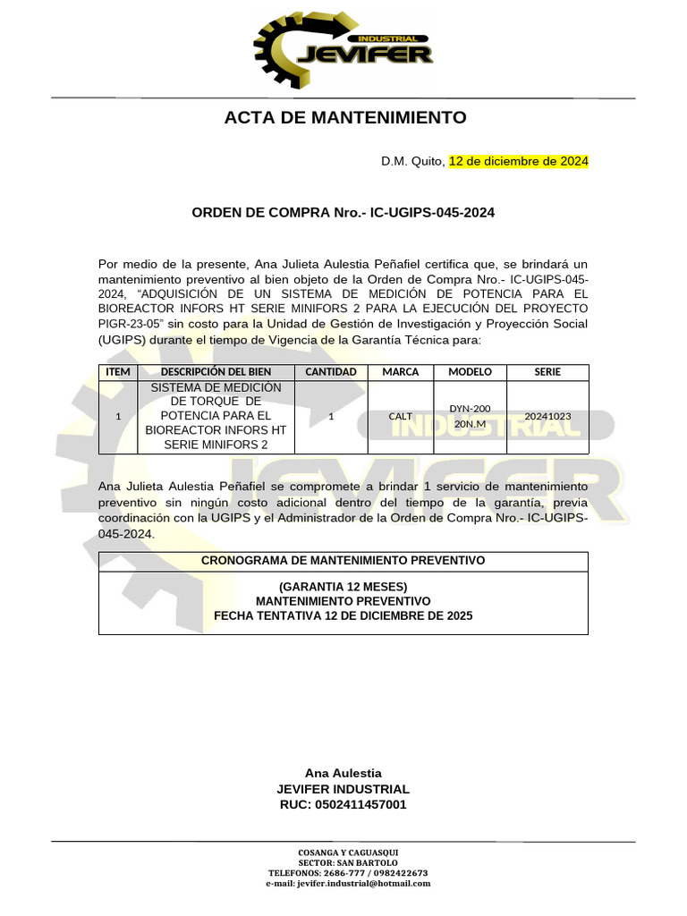 Acta de Mantenimiento | PDF