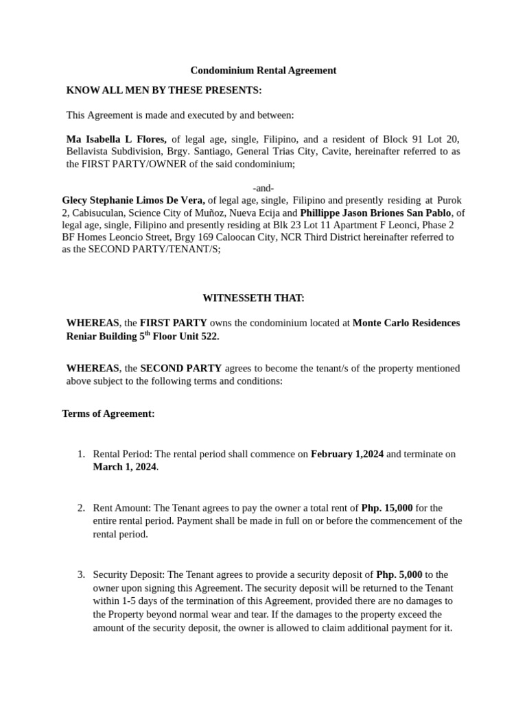 Condominium Rental Agreement Sample | PDF | Leasehold Estate | Lease