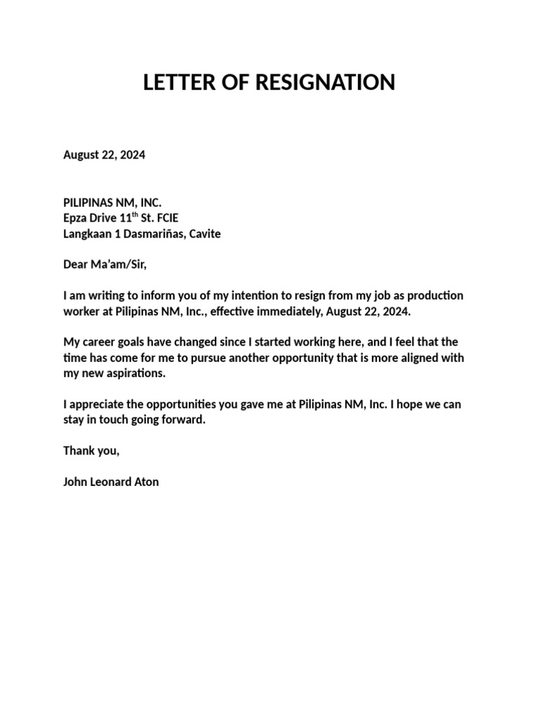 Immediate Resignation Letter Template | PDF