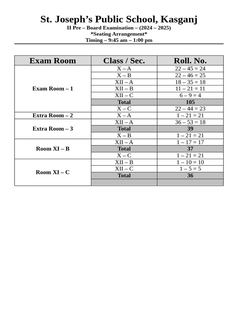 II Pre Board Seating Plan - 2024 - 2025 | PDF