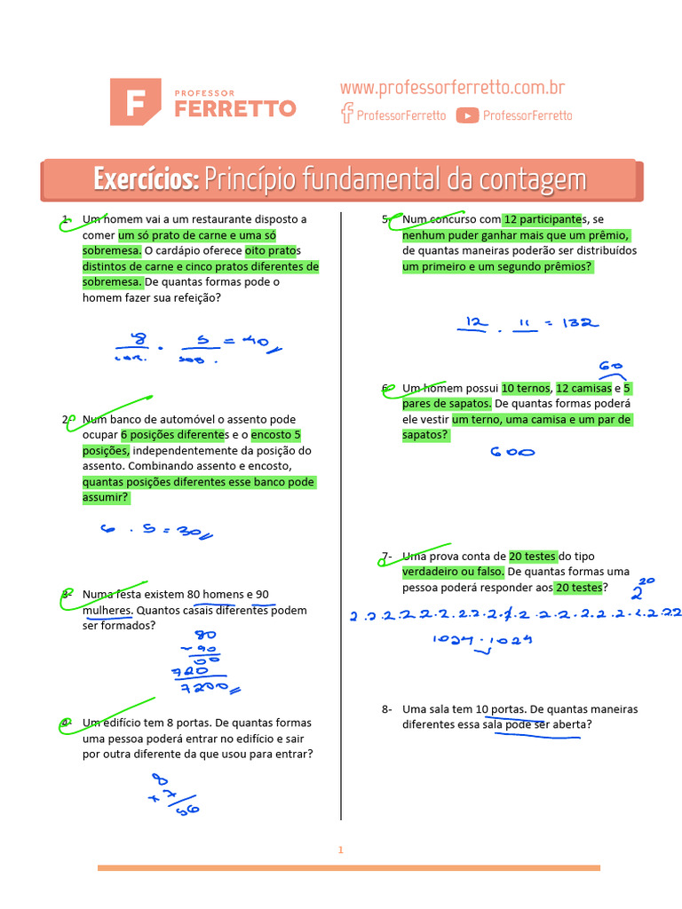 Princípio Fundamental Da Contagem (PFC) - Exercicios | PDF