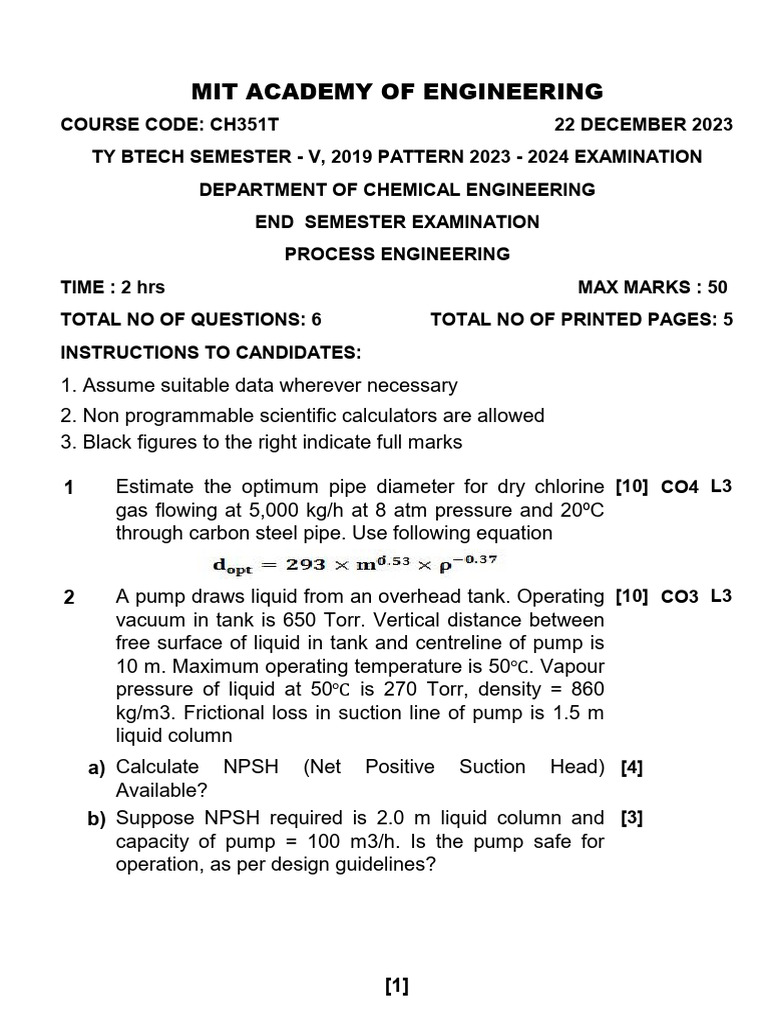 TY Btech_CH_Process Engineering_SEM-V_DEC 2023 | PDF | Pump | Chemistry