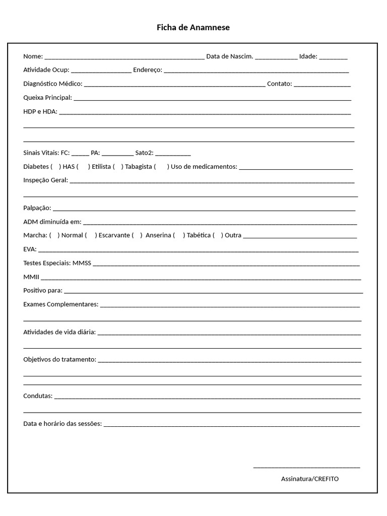 Ficha de Anamnese FISIOTERAPIA | PDF | Medicina Clínica | Especialidades médicas