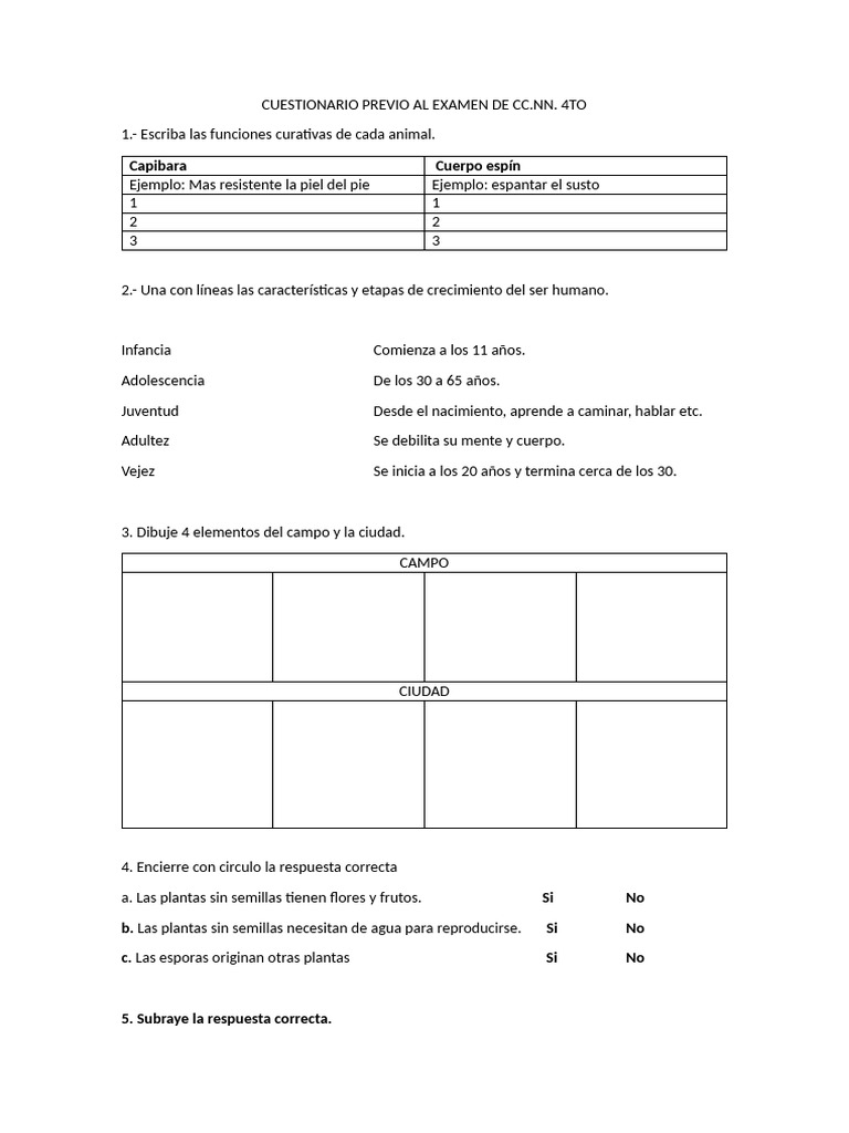 Cuestionario Previo Al Examen de CCNN 4to | PDF