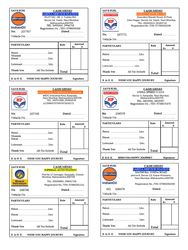 Fuel Purchase Cash Memo Template | PDF | Chemical Substances | Non ...
