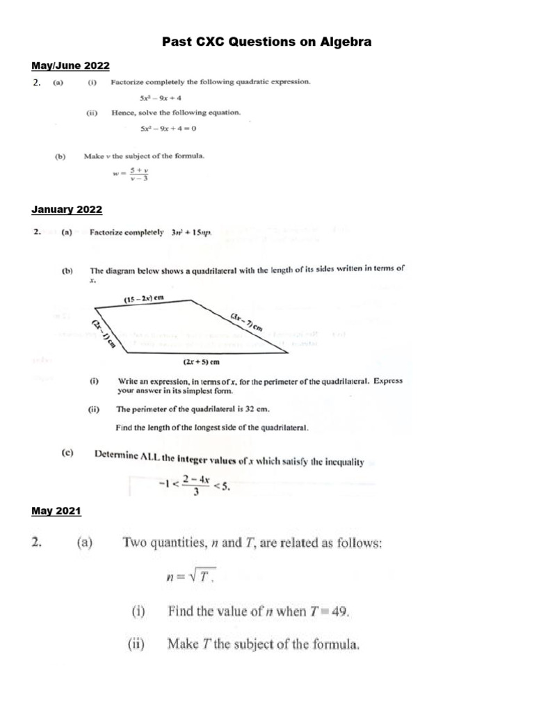 Past CXC Questions on Algebra | PDF
