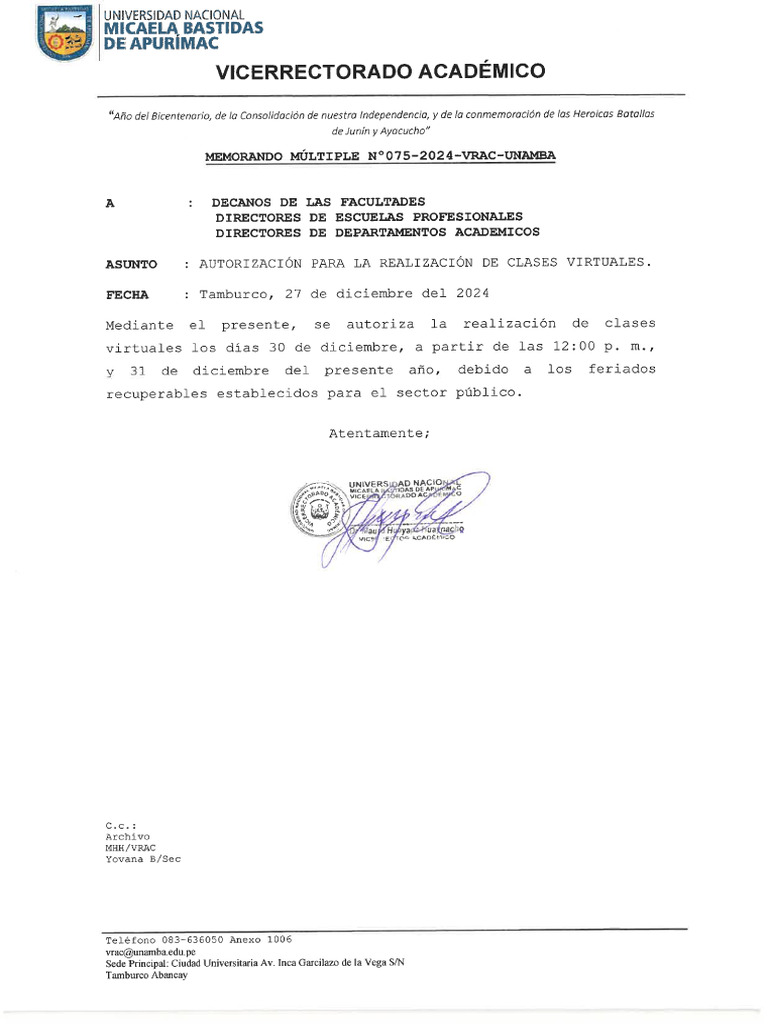 Memorando Múltiple Nº075-2024-Vrac-Unamba | PDF