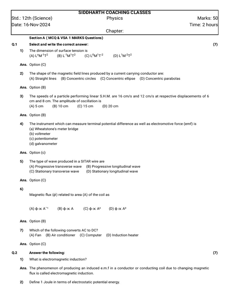 Question Answer Paper | PDF | Electromagnetic Induction | Diffraction