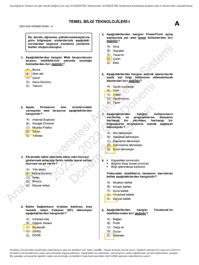 TEMEL BİLGİ TEKNOLOJİLERİ-I 2023 FİNAvvvvvvvvvvvvL | PDF