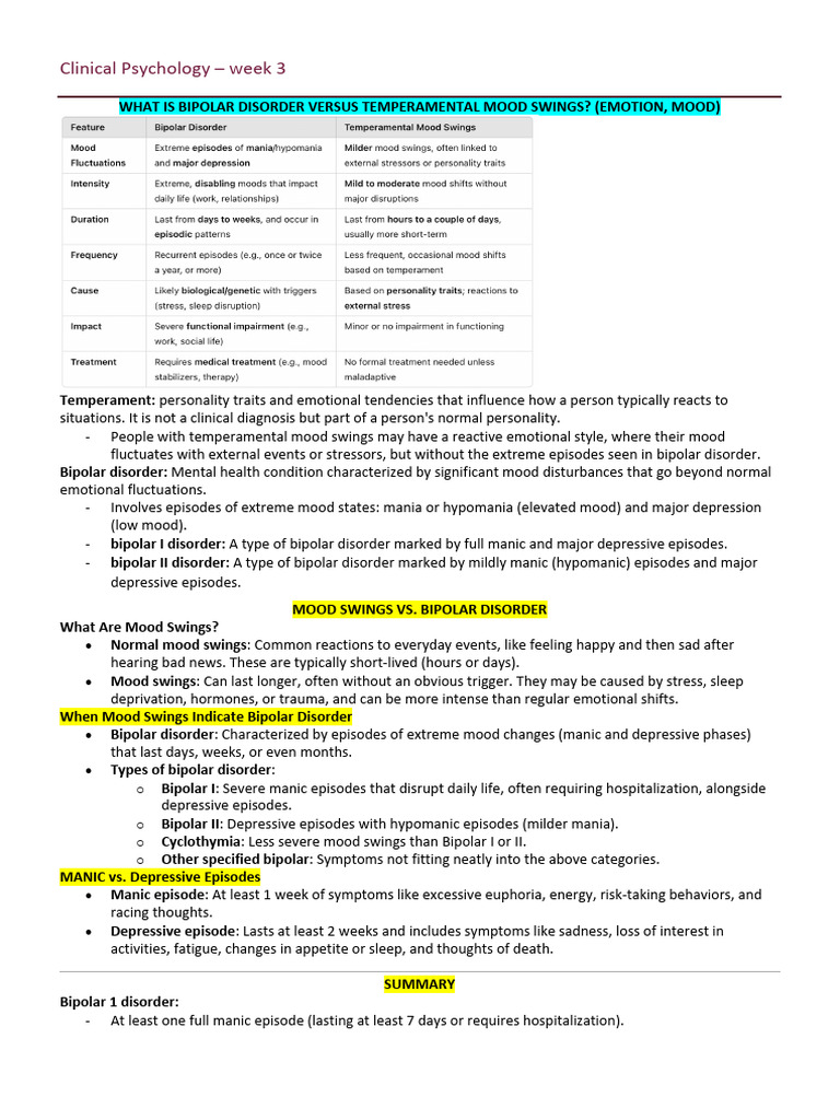 Clinical Psychology - Week 3 | PDF | Bipolar Disorder | Mania