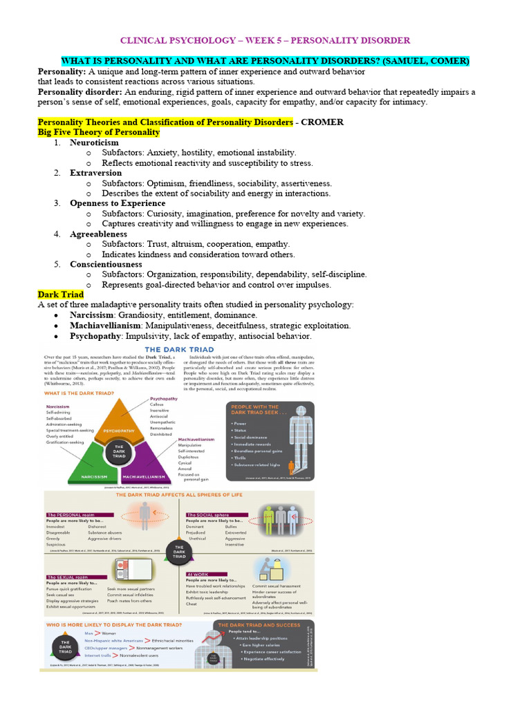 CLINICAL PSYCHOLOGY - Week 5 - Personality Disorders | PDF ...
