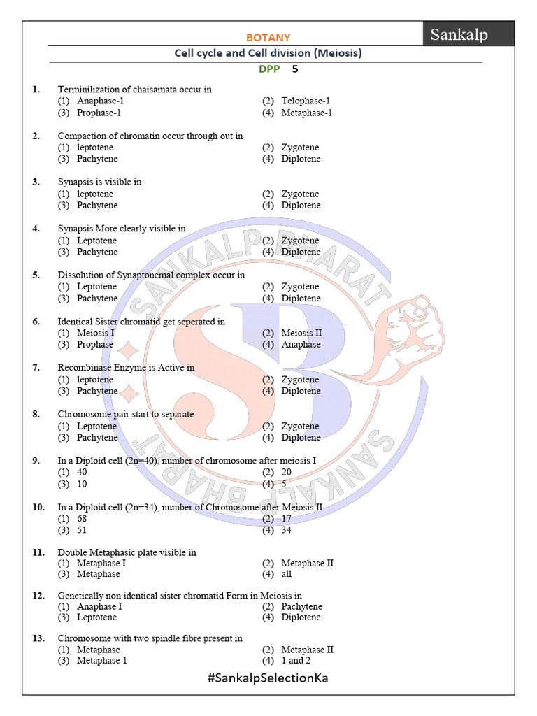 Cell Cycle and Cell Division DPP 05_144_1710733670522 | PDF | Meiosis | Chromosome