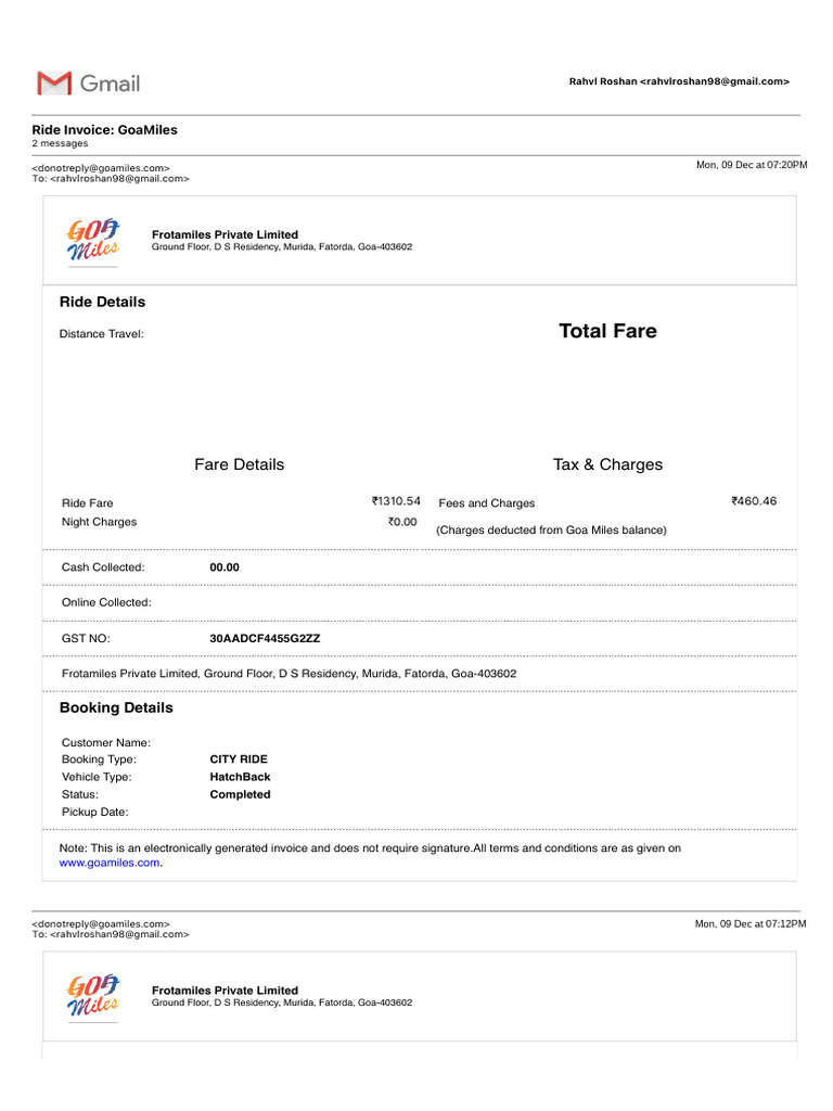 GoaMiles Ride Invoice Summary | PDF | Payments