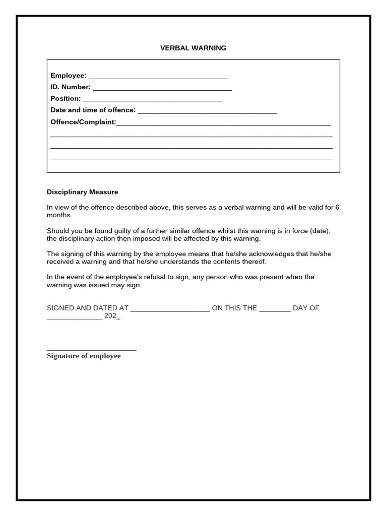 Verbal Warning Documentation Template | PDF