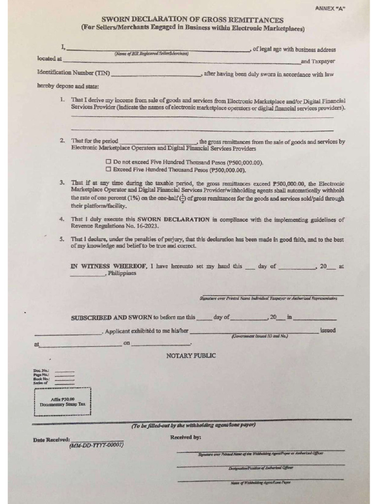 SWORN DECLARATION OF GROSS REMITTANCES (ELECTRONIC MARKETPLACE) | PDF