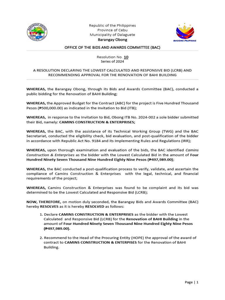 Bac Resolution - Declaring LCRB | PDF