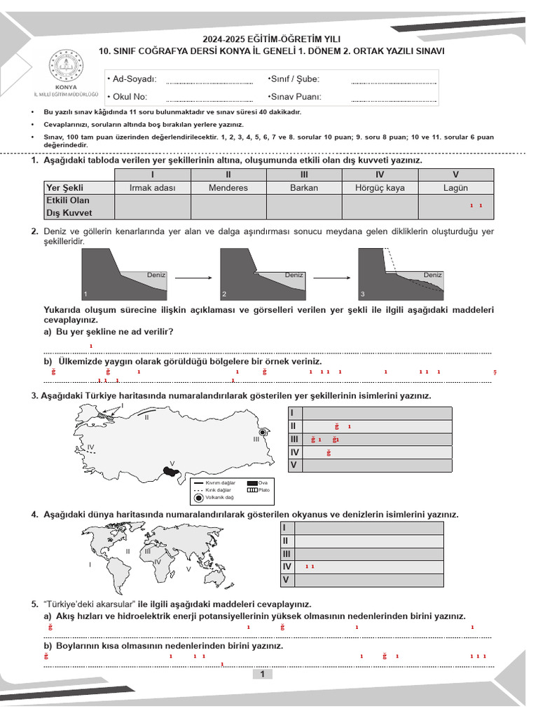 10 Sinif Cografya Dersi Konya Il Geneli 1 Donem 2 Ortak Yazili Sinavi | PDF