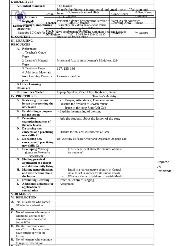 music q3 l2 Music of Israel | PDF | Teachers | Learning