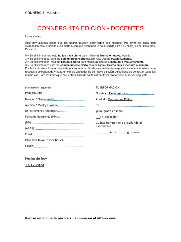 CONNERS 4.docx Maestros | PDF | Ciencia cognitiva | Procesos mentales