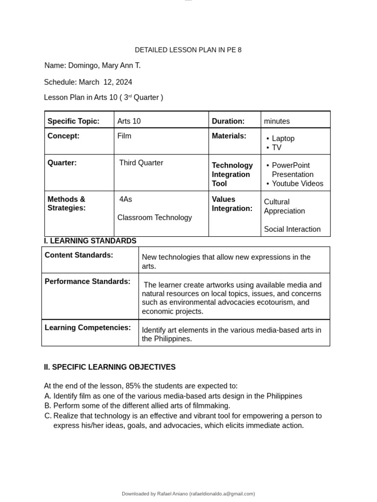Arts 10 Lesson Plan: Film and Media | PDF | Lesson Plan | Learning