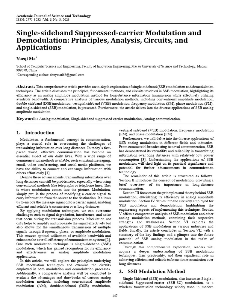 Single Sideband Suppressed Carrier Modulation And Pdf Modulation