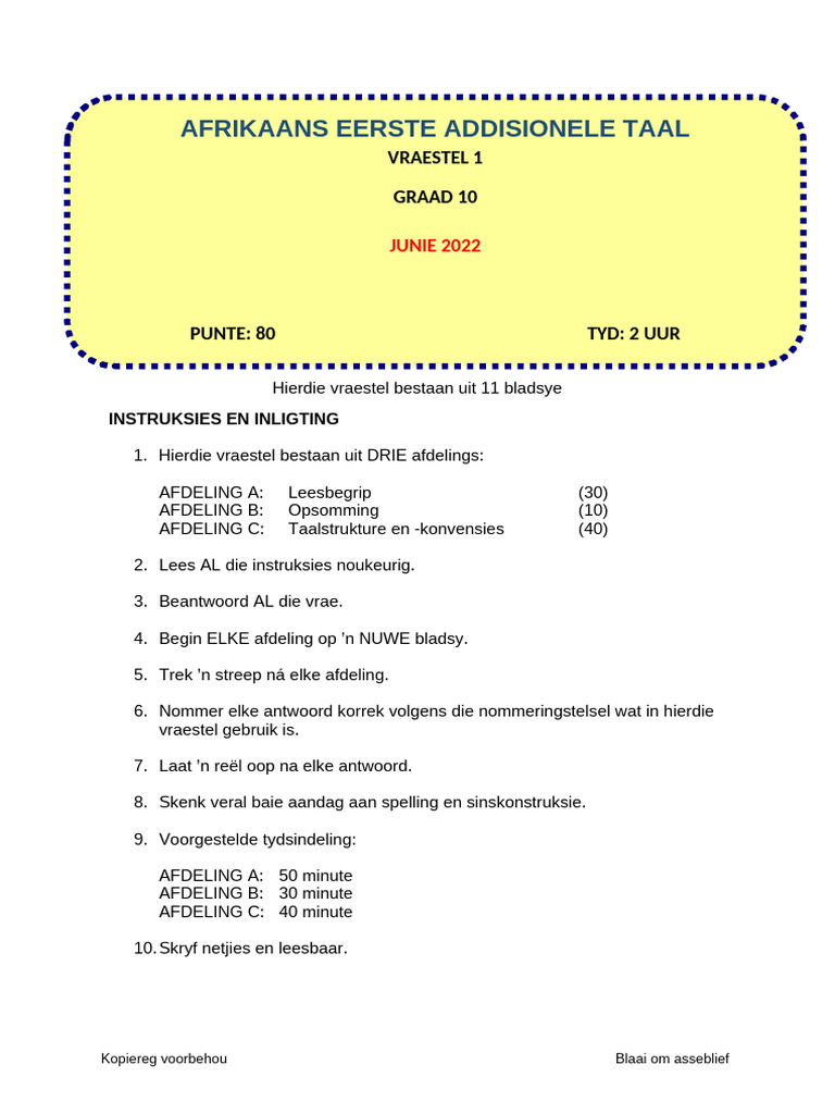 Afr EAT GR 10 V1 Vraestel Junie 2022 | PDF