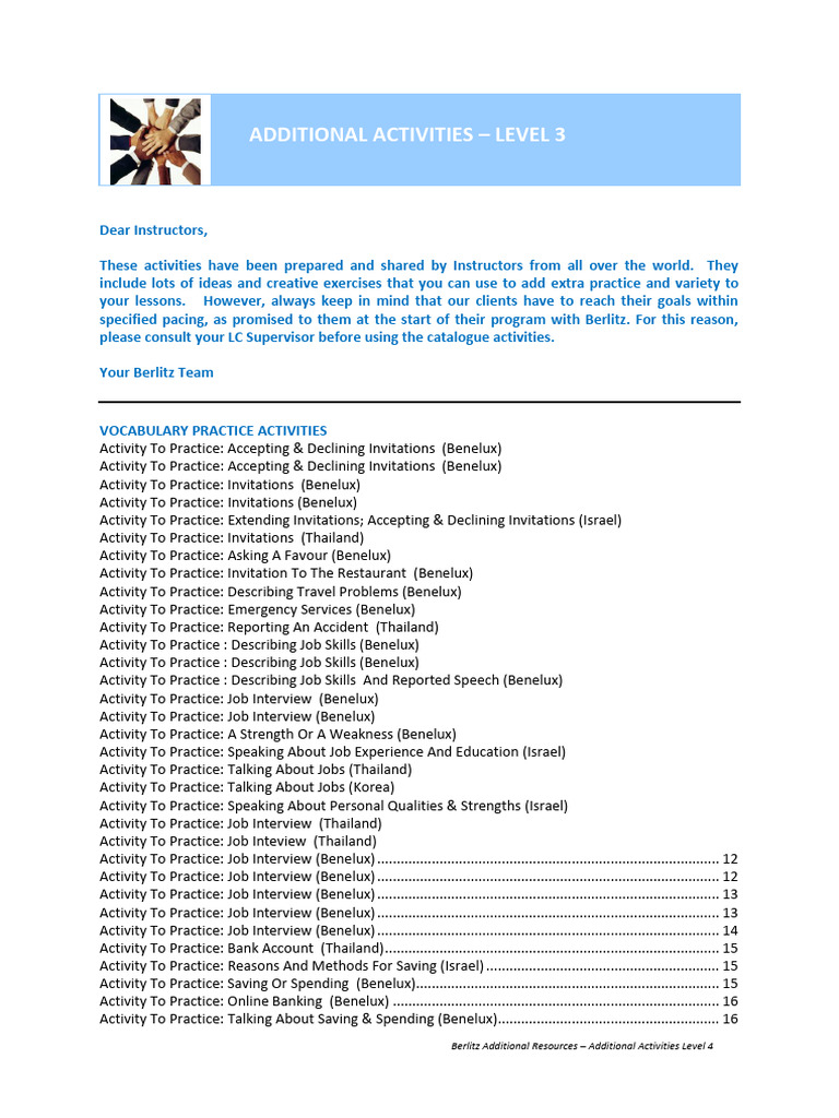 Berlitz Level 4 Additional Activities Guide | PDF | Job Interview | Stocks
