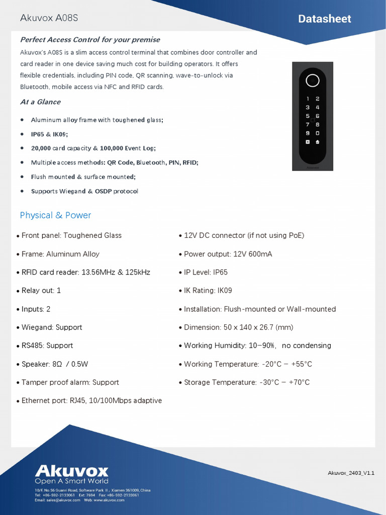 Akuvox A08S Datasheet V1.1 | PDF | Access Control | Internet