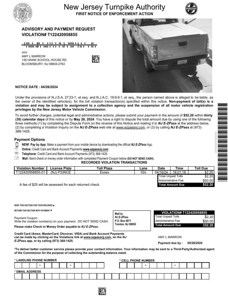 NJ E-ZPass Toll Violation Notice | PDF | Lease | Credit Card