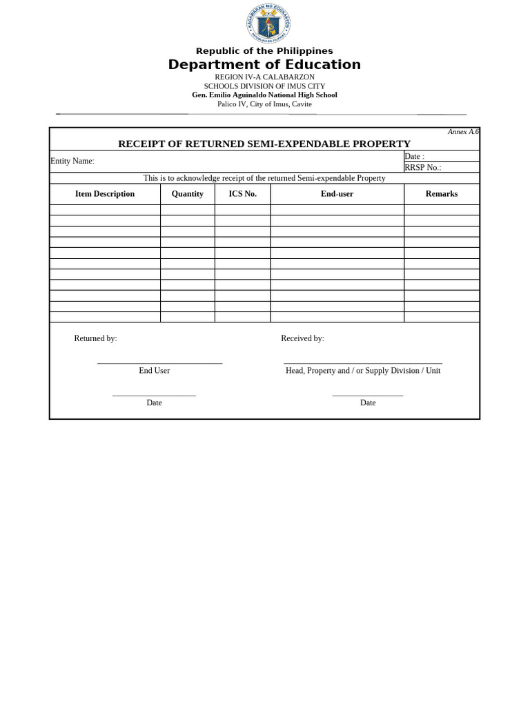 Receipt of Returned Semi-Expendable Property | PDF