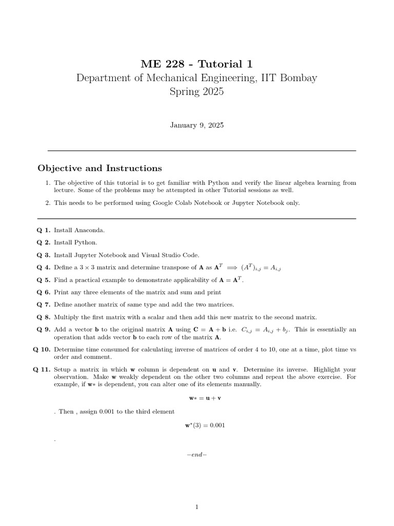 ME 228 Python Linear Algebra Tutorial | PDF
