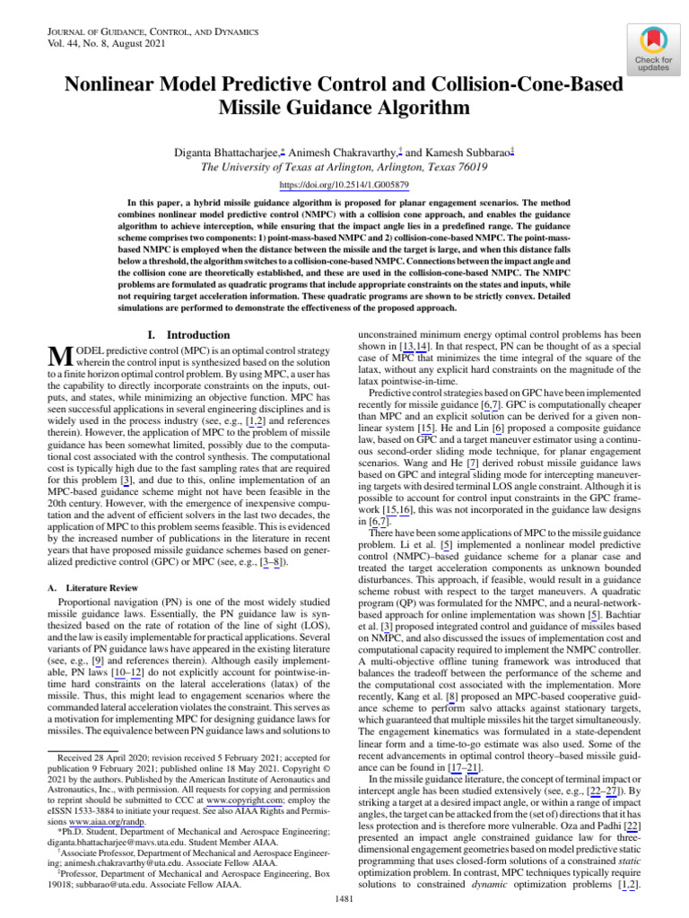 Bhattacharjee Et Al 2021 Nonlinear Model Predictive Control and Collision Cone Based Missile ...