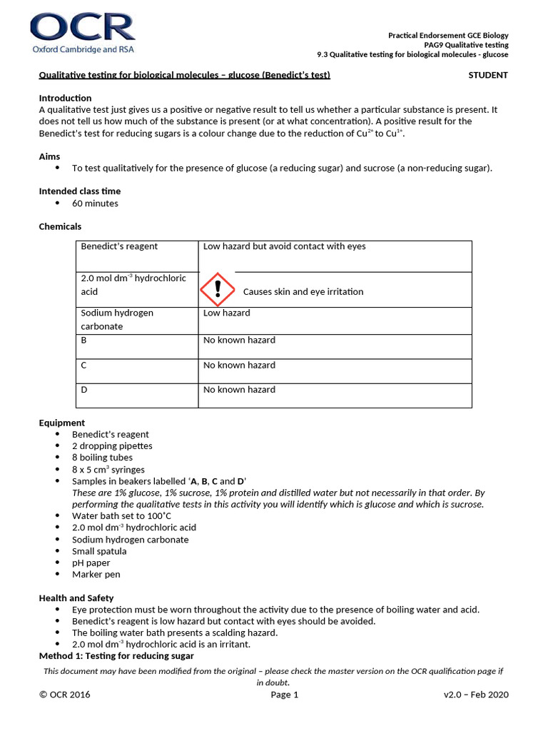 PAG9.3 SP Student Qualitative Testing Glucose | PDF | Glucose | Chemistry