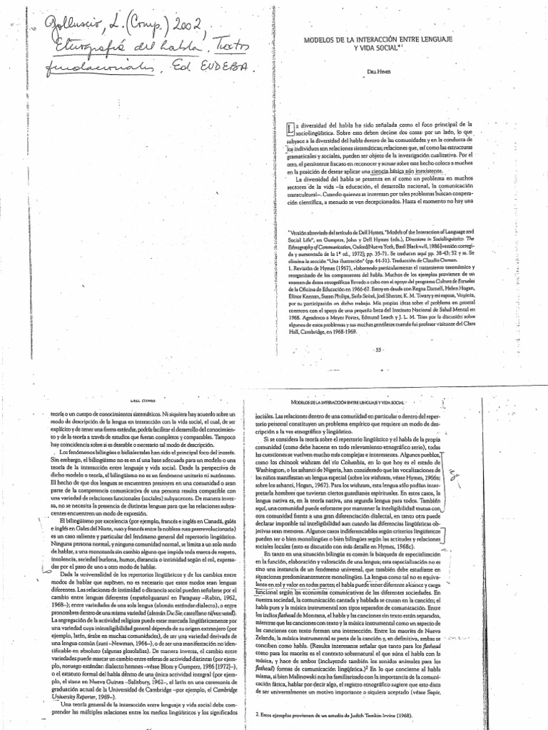 Hymes - Modelos de La Interacción Entre Lenguaje y Vida Social | PDF