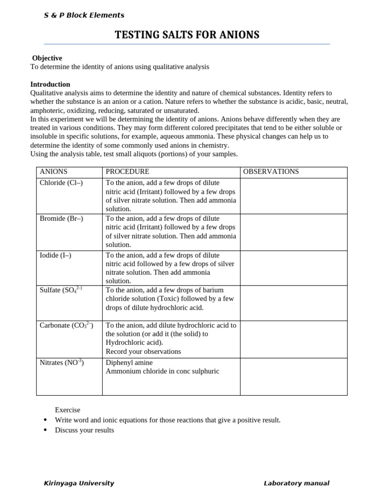 Anion and Cation Testing Guide | PDF | Ammonium | Salt (Chemistry)
