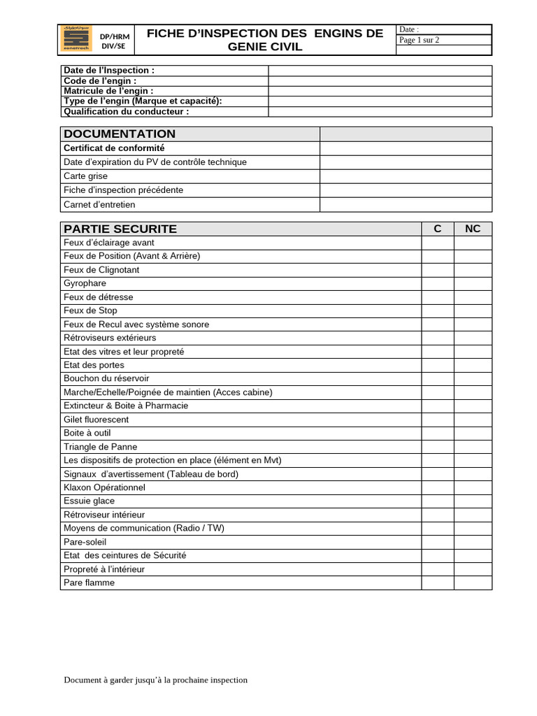 Fiche d'Inspection des Engins de Génie Civil | PDF | Technologies ...
