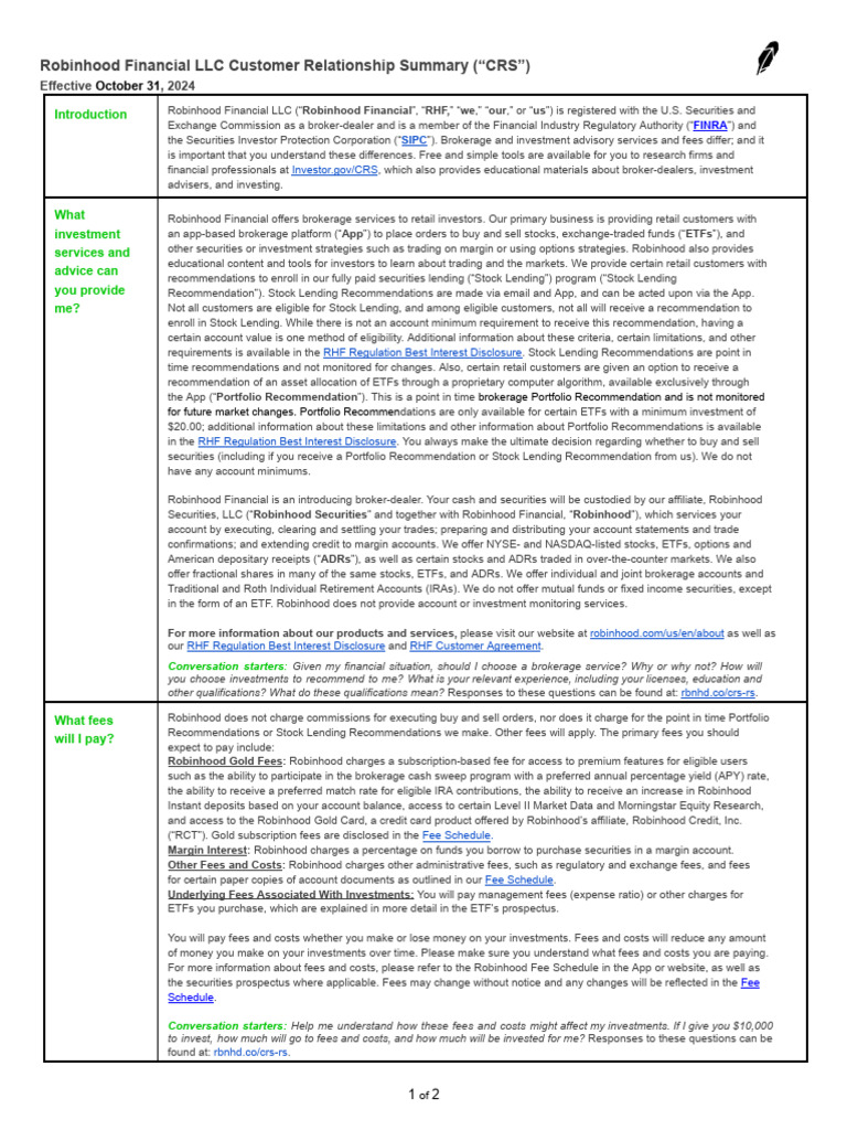 RHF Customer Relationship Summary | PDF | Exchange Traded Fund | Stocks
