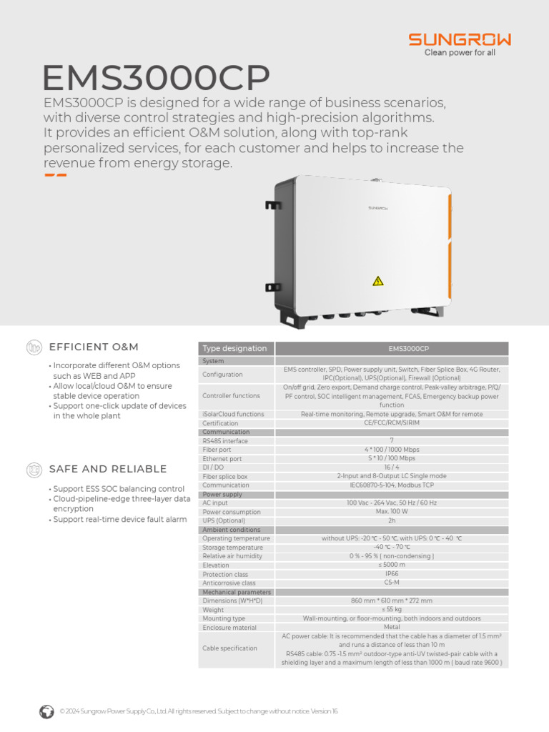 SUNGROW EMS DS_20240904_EMS3000CP_Datasheet_V16_EN | PDF | Power Supply ...