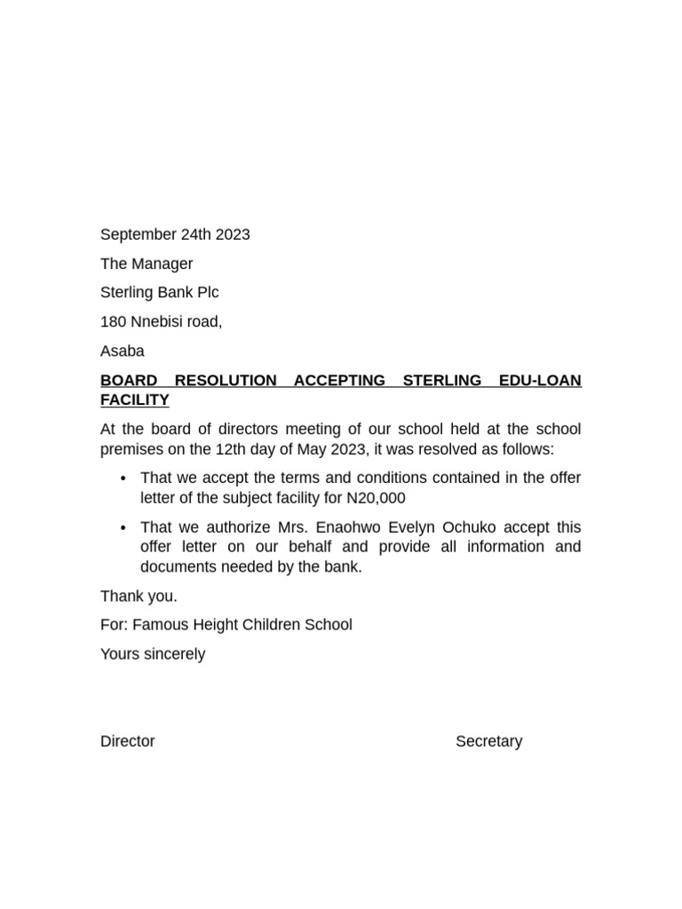 Board Resolution Accepting Offer Letter | PDF