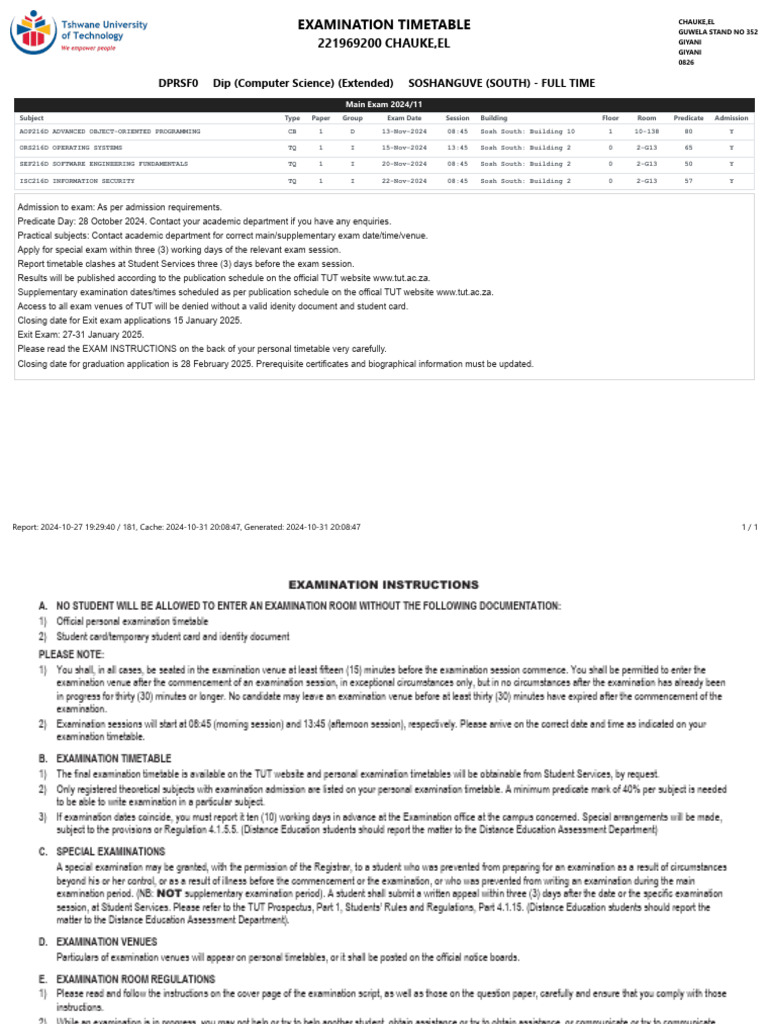 2024 TUT Computer Science Exam Timetable | PDF