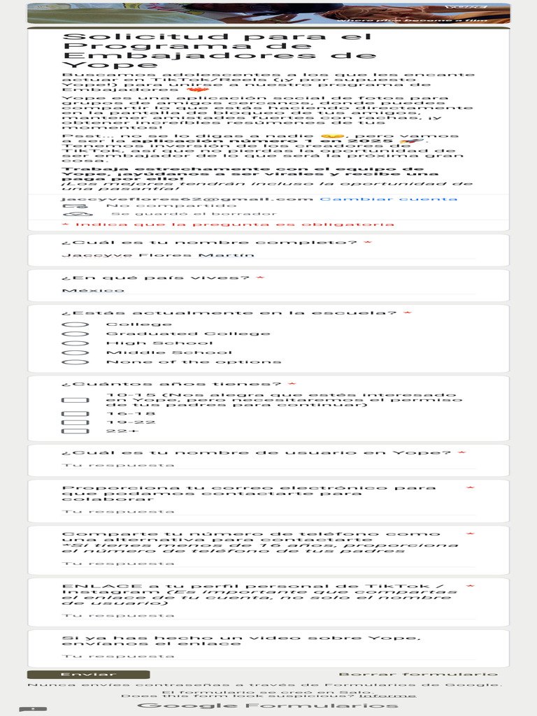 Solicitud Para El Programa de Embajadores de Yope | PDF