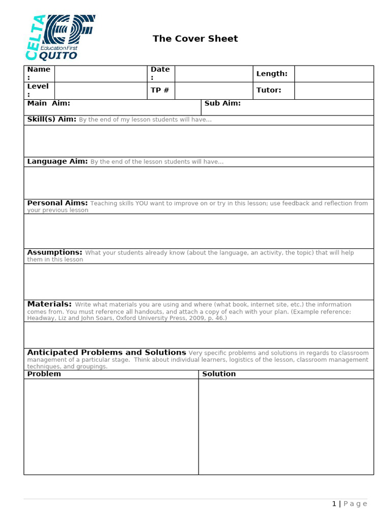 Lesson Plan Cover Sheet Template | PDF