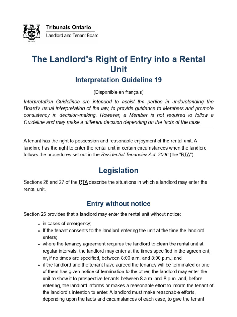 LTB - The Landlord's Right of Entry Into A Rental Unit | PDF ...