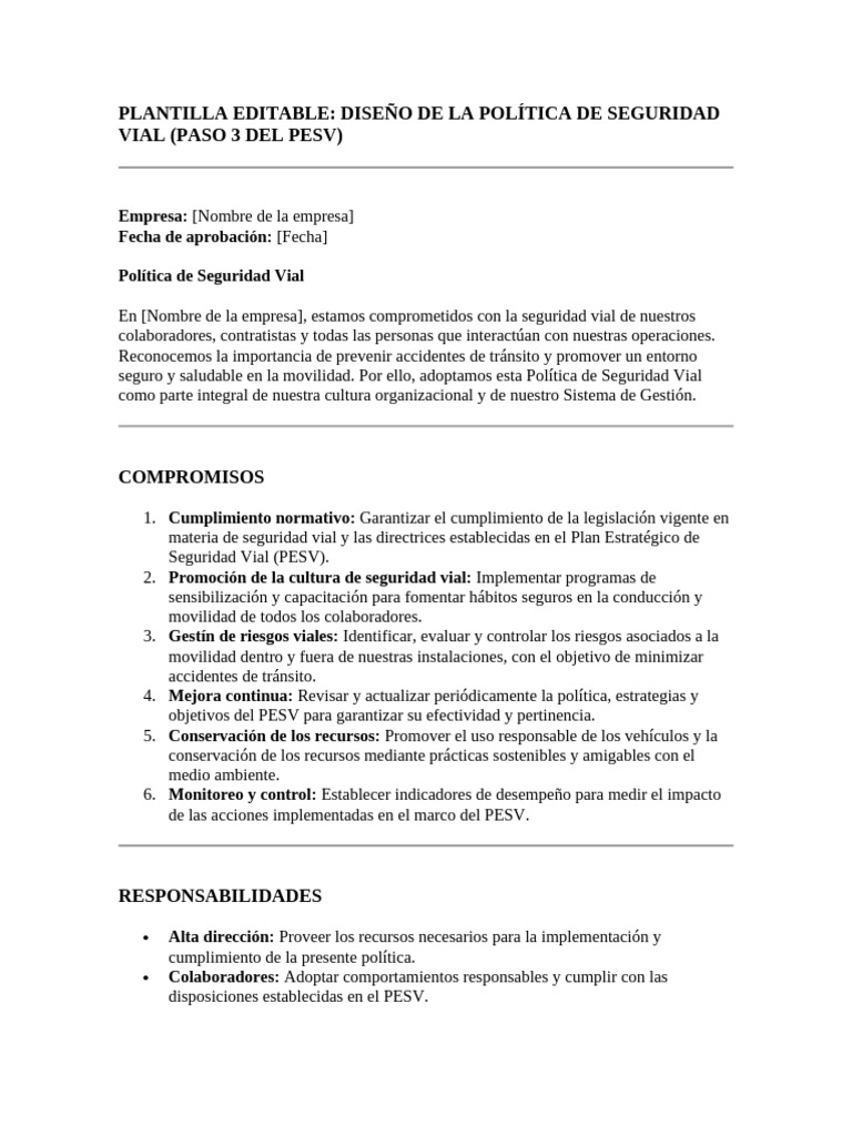 Política de Seguridad Vial (Paso 3 Del Pesv) | PDF | Seguridad vial | Business