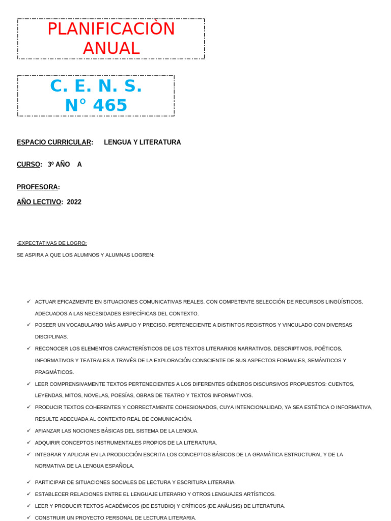 CENS PLANIFICACIÓN 3º AÑO 465 | PDF | Comunicación humana | Lingüística