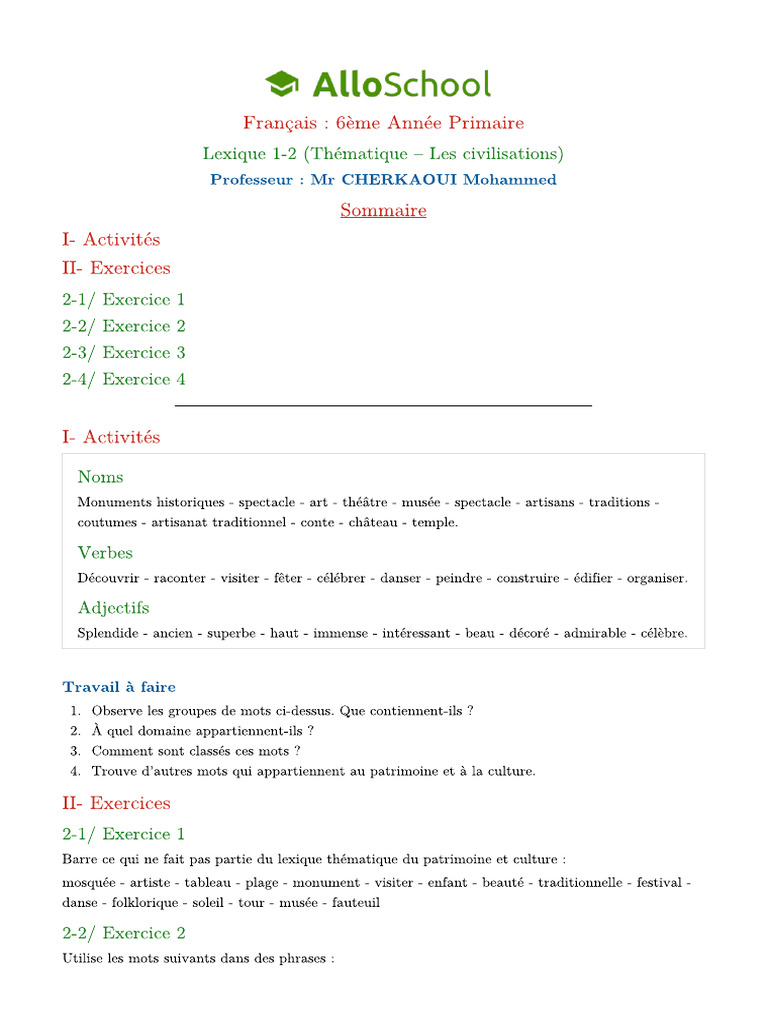 Lexique 1 2 Thematique Les Civilisations | PDF