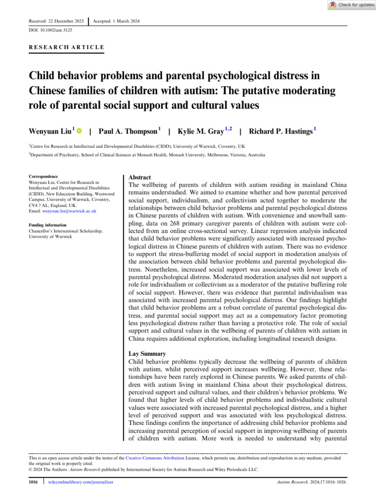Autism Research - 2024 - Liu - Child Behavior Problems and Parental ...