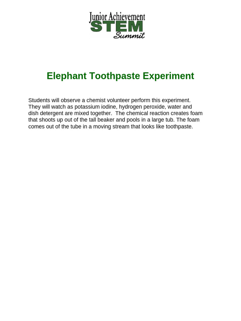Elephant Toothpaste Science Experiment | PDF | Materials | Chemical ...