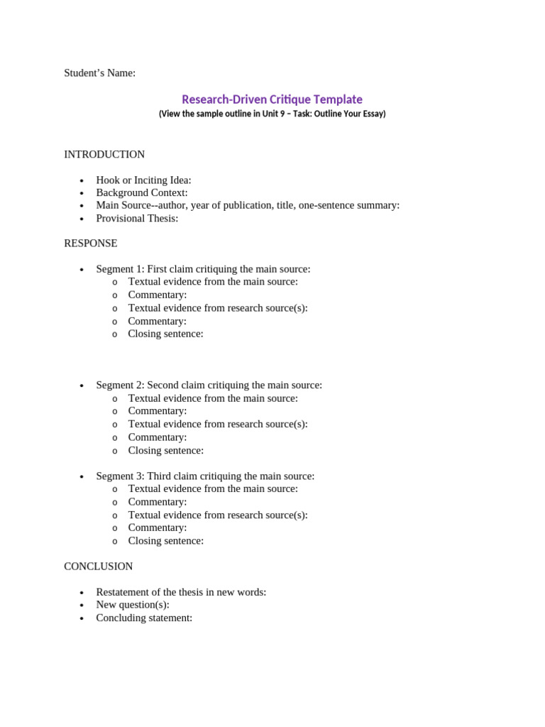Research-Driven Critique Essay Outline Template | PDF